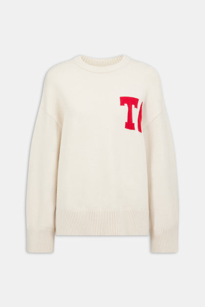 T LOGO KNIT SWEATER - BUTTERMILK AND CHILLI RED – TALA